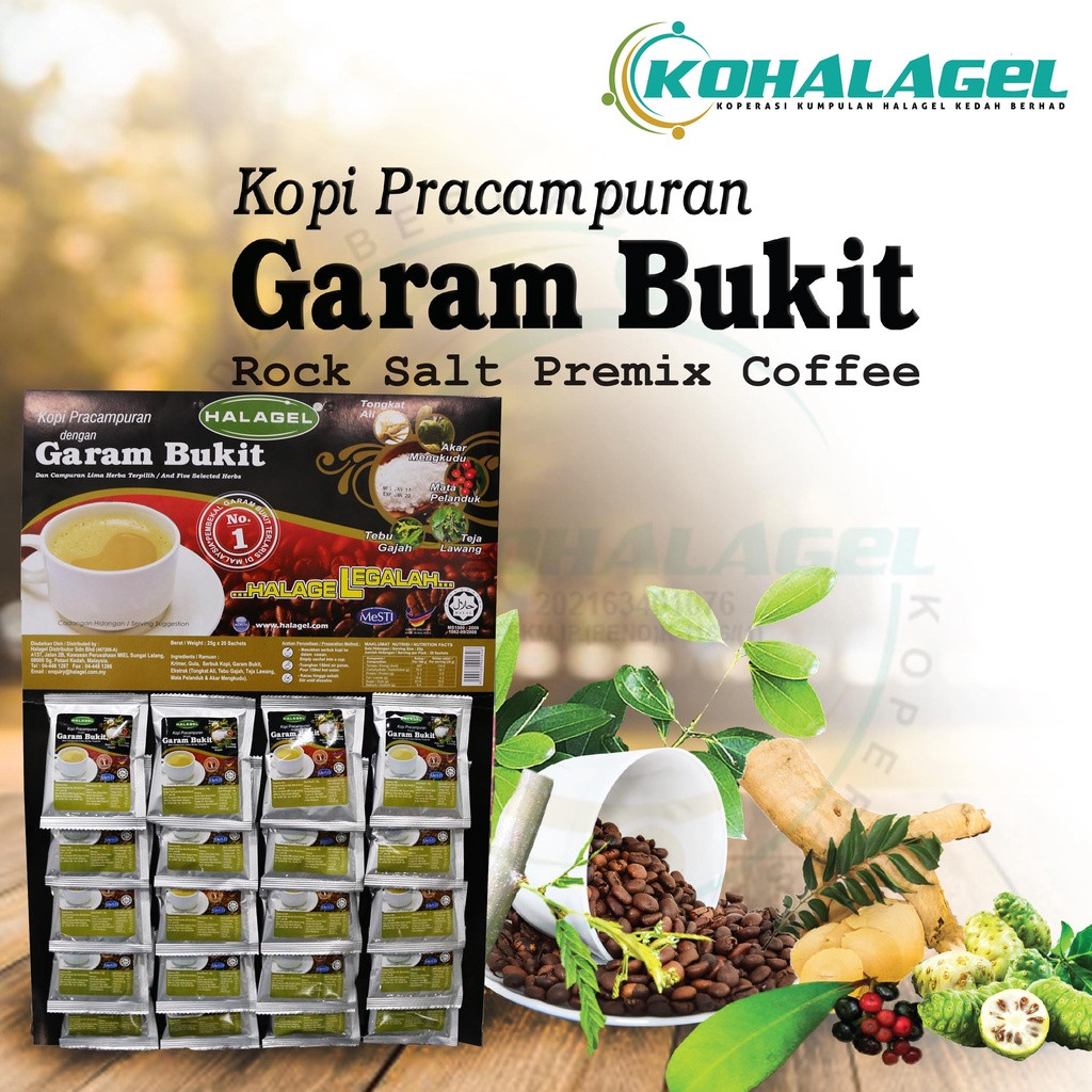 HALAGEL® Kopi Pracampuran Dengan Garam Bukit | Premix Coffee With Rock Salt | 20 Sachets (PAPAN)
