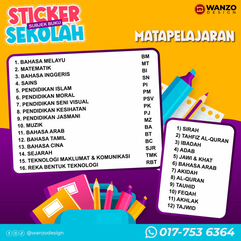 Sticker Sekolah Subjek Buku Matapelajaran
